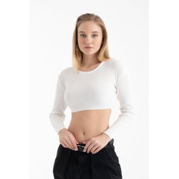 Rundhals gestricktes geripptes Langarm-Crop-Top