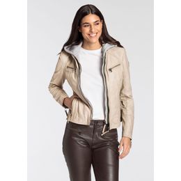 Lederjacke Mauritius "NOLA", Damen, Gr. S (36), beige (light beige), Obermaterial: 100% Schafsleder. Futter: 100% Baumwolle. Kapuze: 52% Baumwolle, 48% Polyester. &Auml;rmelfutter: 100% Polyester, unifarben, sehr figurbetont kurz, Rundhals, 2-Naht-&Auml;rmel mit Rei&szlig;verschluss, Jacken, Two-in-One Style - mit abnehmbarer Jersey-Kapuze