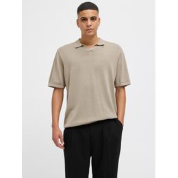 Jack & Jones Kurzarmpullover JACK & JONES "JJELEO KNIT POLO SS LN", Herren, Gr. S, beige (crockery), Strick, Obermaterial: 100% Baumwolle, unifarben, loose fit taillenbedeckt, ohne Ausschnitt, Pullover, mit Polo Kragen