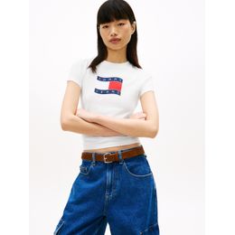 T-Shirt Tommy Jeans "TJW SLIM WAVY FLAG TEE EXT", Damen, Gr. XS (34), ecru, Single Jersey, Obermaterial: 100% Baumwolle, bedruckt, slim fit h&uuml;ftlang, Rundhals, abgesteppte Kante, Shirts T-Shirt, mit Rundhalsausschnitt