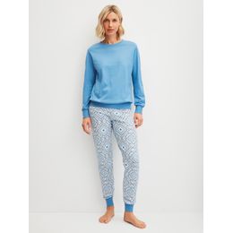Schlafanzug Calida "Cotton Stripes", Damen, Gr. L (48/50), blau (riviera blau), Single Jersey, Obermaterial: 100% Baumwolle, bequem lang, Rundhals, angesetztes B&uuml;ndchen, Homewear-Sets Schlafanzug, Langarm, Rundhals-Ausschnitt, lockere Passform, Baumwolle