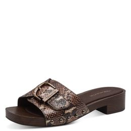 Pantolette Tamaris, Damen, Gr. 39, braun (braun snake), Textil, Reptilienpr&auml;gung, Schuhe Pantolette, Blockabstz, Sommerschuh mit Klettverschluss unter der Zierschnalle