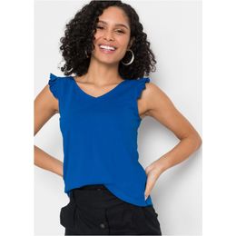 Shirttop bonprix, Damen, Gr. 36/38 (S), blau (azurblau), Jersey, Obermaterial: 100% Baumwolle, unifarben, loose fit h&uuml;ftbedeckend, V-Ausschnitt, R&uuml;schen, Tops Shirttop, lockerer loose fit, mit s&uuml;&szlig;er R&uuml;sche, aus Baumwolle