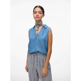 V&eacute;ro Moda Shirttop VERO MODA "VMHARPER SL COLLAR SHORT TENCEL TOP GA", Damen, Gr. L, medium blau denim, Web, Obermaterial: 100% Lyocell, unifarben, regular fit normal, V-Ausschnitt, Tops Shirttop, Viskose, regular fit