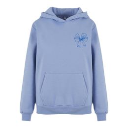 Kapuzenpullover MISS TEE "Miss Tee Good Vibes Bow Ladies Fluffy Hoody", Damen, Gr. S, blau (powderblau), 70% Baumwolle, 30% Polyester, mehrfarbig, loose fit, ohne Ausschnitt, Pullover Kapuzenpullover