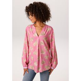 Schlupfbluse Aniston CASUAL, Damen, Gr. 42, pink, hellbeige, dunkelbeige, Web, Obermaterial: 100% Viskose, bedruckt, gemustert, l&auml;ssig geschnitten Po-bedeckend, V-Ausschnitt, 1-Knopf-Manschette, Blusen Schlupfbluse, mit kunstvollen Herzen bedruckt