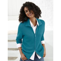 Strickjacke Casual Looks, Damen, Gr. 38, blau (petrol), 50% Baumwolle, 50% Polyacryl, unifarben, figurumspielend, Strickjacken Strickjacke