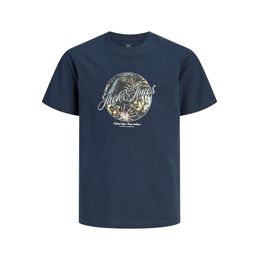 Jack & Jones T-Shirt JACK & JONES JUNIOR "JJHONOLULU SHAPE TEE SS CREW NECK JNR", Jungen, Gr. 152, navy blazer, Single Jersey, Obermaterial: 100% Baumwolle, bedruckt, unifarben mit Farbeinsatz, regular fit normal, Rundhals, Shirts T-Shirt, mit Logoprint