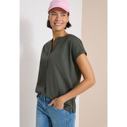 Kurzarmbluse Cecil, Damen, Gr. L (42), gr&uuml;n (khaki), Web, 75% Baumwolle, 25% Modal, unifarben, klassisch normal, Rundhals, B&uuml;ndchen, Blusen, mit geschlitztem Rundhalsausschnitt