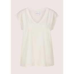 Madeleine Mode Kurzarmshirt MADELEINE "Jerseyshirt Sommershirt mit Rippenb&auml;ndern", Damen, Gr. 34, wei&szlig; (wollwei&szlig;), Obermaterial: 92% Baumwolle CO. 8% Elasthan EL., Modern, V-Ausschnitt, Shirts, Breites Rippenband