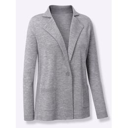 Jacquardstrickjacke CREATION L PREMIUM, Damen, Gr. 36, grau (steingrau, meliert), 100% Schurwolle, unifarben, Strickjacken