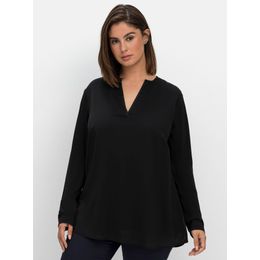 Longbluse sheego, Damen, Gr. 48, schwarz, 100% Polyester, unifarben, V-Ausschnitt, Blusen Longbluse