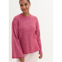 Strickpullover bonprix, Damen, Gr. 36/38 (S), rosa (beerenrot, wollwei&szlig; meliert), Strick, Obermaterial: 100% Polyester, meliert, unifarben, oversize h&uuml;ftbedeckend, Rundhals, Trompeten&auml;rmel,weit Strickkante, Pullover Strickpullover, mit weiten Trompeten&auml;rmeln, Oversized-Passform, feiner Rippstrick