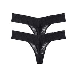 String bonprix, Damen, Gr. 36/38 (S), 2 Stk., schwarz (schwarz, schwarz), Obermaterial: 86% Polyamid, 14% Elasthan, Unterhosen String, modischer Stil, Allover Spitze, Spitzenband entlang der Taille