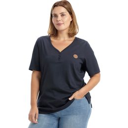sheego Damen V-Shirt mit kurzer Zierknopfleiste tiefblau Gr&ouml;&szlig;e 52/54