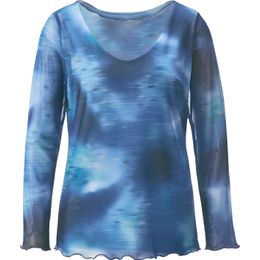 CR&Eacute;ATION L Damen Langarmshirt in transparenter Mesh-Qualit&auml;t ecru-dunkelblau-bedruckt Gr&ouml;&szlig;e 38