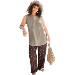 sheego Damen &Auml;rmellose Bluse mit R&uuml;schen und Stickerei sesam Gr&ouml;&szlig;e 46