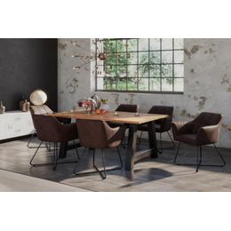 Essgruppe 160 cm Mango naturfarben A-Gestell schwarz mit 6 St&uuml;hlen DORA