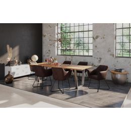 Essgruppe 200 cm Mango naturfarben V-Gestell silber mit 6 St&uuml;hlen DORA