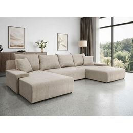 Wohnlandschaft WERK2 "Amalfi, B/T: 348/188 cm, in Cord mit Schlaffunktion & Bettkasten", natur, B:348cm H:95cm T:188cm, 90% Polyester, 10% Nylon, Sofas, Wohnlandschaft, modernes XXL Design, U-Form