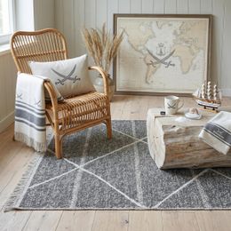 Teppich Sansibar "Braderup", grau (anthrazit), B:80cm H:2mm L:200cm, Schurwolle, Teppiche, Teppich, Flachgewebe, modernes Scandi Design, Motiv Rauten, mit Fransen