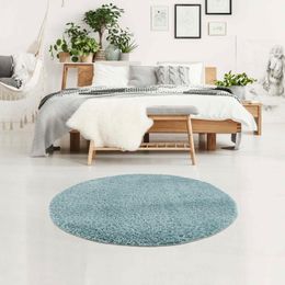 Hochflor-Teppich Carpet City "Pulpy 100" Gr. 10, blau, H:30mm &Oslash;:200cm, Kunstfaser, Teppiche, Fransenteppich, besonders weich, mit Fransen, Uni Farben