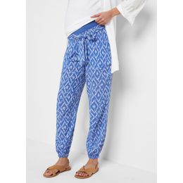 Umstandshose bonprix, Damen, Gr. 38, N-Gr, edelsteinblau, wei&szlig; graphisch, Obermaterial: 100% Viskose. Einsatz: 95% Baumwolle, 5% Elasthan, loose fit, Hosen, mit elastischem Bund und Bindeband, aus luftiger Viskose Cr&ecirc;pe