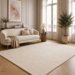 Teppich the carpet "kuschelig & Super Soft, Anti-Rutsch Unterseite", beige, B:240cm H:16mm L:240cm, Polyester, Teppiche, Teppich, Waschbar bis 30 Grad, Felloptik, Wohnzimmer Teppich, Kundenliebling