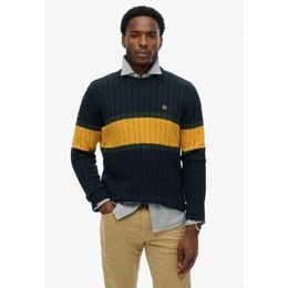 Strickpullover Superdry "Cotton Stripe Cable Jumper", Herren, Gr. L, eclipse navy, track gold, Strick, Obermaterial: 100% Baumwolle, gemustert, regular fit normal, Rundhals, Rippb&uuml;ndchen, Pullover Strickpullover, aus Baumwolle, Regular Fit, mit Rundhalsausschnitt