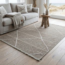 Teppich Sansibar "Braderup", beige, B:160cm H:2mm L:230cm, Schurwolle, Teppiche, Teppich, Flachgewebe, modernes Scandi Design, Motiv Rauten, mit Fransen