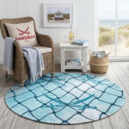 Teppich Sansibar "Keitum 005", blau (turquoise), H:3mm &Oslash;:100cm, Polyester, Teppiche, Teppich, Flachgewebe, modernes Design, Motiv Fischernetz & gekreuzte S&auml;bel