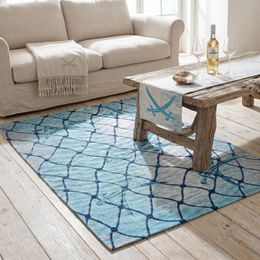 Teppich Sansibar "Keitum 005", blau (t&uuml;rkis), B:160cm H:3mm L:230cm, Polyester, Teppiche, Teppich, Flachgewebe, modernes Design, Motiv Fischernetz & gekreuzte S&auml;bel