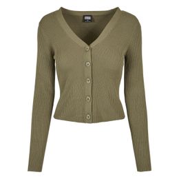 Cardigan Urban Classics "Urban Classics Damen Ladies Short Rib Knit Cardigan", Damen, Gr. 3XL, gr&uuml;n (khaki), 35% Polyacryl, 35% Viskose, 30% Polyamid, unifarben, V-Ausschnitt, Strickjacken