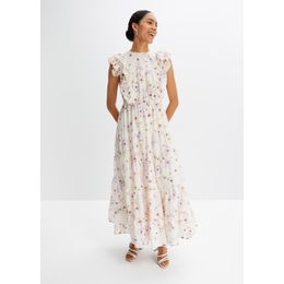 Maxikleid bonprix, Damen, Gr. 44, N-Gr, beige (naturbeige, zartflieder gebl&uuml;mt), Obermaterial: 100% Baumwolle. Futter: 100% Baumwolle, ausgestellt, Kleider Maxikleid, aus reiner Baumwolle, ausgestellte Passform, &auml;rmellos, mit Volants