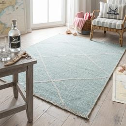 Teppich Sansibar "Braderup", blau (hellblau), B:80cm H:2mm L:150cm, Schurwolle, Teppiche, Teppich, Flachgewebe, modernes Scandi Design, Motiv Rauten, mit Fransen
