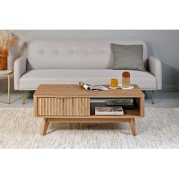 Couchtisch Jahnke "WAVE COFFEE SK", braun (montana eiche, montana eiche, montana eiche), B:110cm H:44cm T:55cm, Tische, Couchtisch, Couchtisch, Retro-Stil, Stauraum, Fronten in raffiniertem Wellendesign