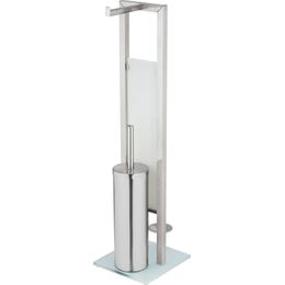 WC-Garnitur Wenko "Rivalta", transparent (silber, silber, transparent), B:18cm H:70cm L:23cm, Edelstahl, Glas, Polypropylen, Reinigungsb&uuml;rsten, Standgarnitur mit integriertem Toilettenpapier- und WC-B&uuml;rstenhalter
