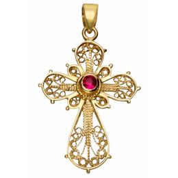 Kreuzanh&auml;nger Firetti "Schmuck Geschenk Gold 375 Halsschmuck Anh&auml;nger Halskette Kreuz", gold (gelbgold, 375, rot, rot), Schmuckanh&auml;nger, Damen, Gelbgold 375, 1,37 g, mit Rubin