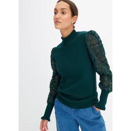 Stehkragenpullover bonprix "Rollkragenpullover aus flie&szlig;endem Viskose-Mix", Damen, Gr. 36/38 (S), gr&uuml;n (tiefgr&uuml;n), Feinstrick, Obermaterial: 50% Viskose, 28% Polyester, 22% Polyamid, unifarben, bequem h&uuml;ftbedeckend, hoch geschlossener Ausschnitt, extrabreites B&uuml;ndchen, Pullover Stehkragenpullover, Viskose-Mix, Kragen + &Auml;rmel mit gewellter Kante, transparente &Auml;rmel
