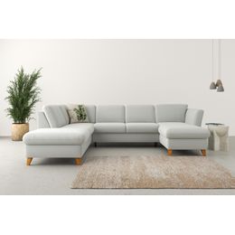 Wohnlandschaft Home Affaire "Trelleborg U-Form", grau (hellgrau), B:307cm H:86cm T:213cm, 100% Polyester, Sofas, Wohnlandschaft, Federkern-Polsterung, wahlweise mit Bettfunktion und Stauraum