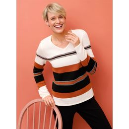 V-Ausschnitt-Pullover Classic Basics "Langarm-Pullover", Damen, Gr. 56, champagner, schwarz, geringelt, 100% Polyacryl, gemustert, gestreift, mehrfarbig, Pullover