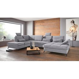 Wohnlandschaft OTTO HOME "Costello U-Form, B: 363 cm mit Sitztiefen- & Armteilverstellung", grau (hellgrau), B:363cm H:89cm T:223cm, 100% Polyester;Samtoptik (100% Polyester), Sofas, Wohnlandschaft, optional Bettfunktion & Bettkasten