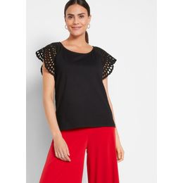 T-Shirt bonprix, Damen, Gr. 44/46 (L), schwarz, Obermaterial: 95% Baumwolle, 5% Elasthan. &Auml;rmel: 100% Baumwolle, loose fit, Shirts T-Shirt, lockere Passform, Kurzarm-Design, Lochstickerei an den &Auml;rmeln