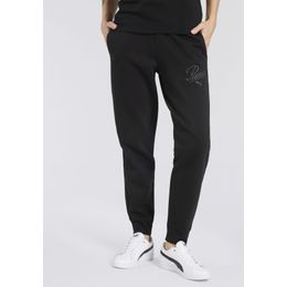 Trainingshose Puma "ESS SCRIPT SWEATPANTS FL CL", Damen, Gr. L, N-Gr, schwarz (Puma schwarz), Fleece, Obermaterial: 68% Baumwolle, 32% Polyester, bedruckt, regular fit normal, Hosen Trainingshose, sportlicher Stil, f&uuml;r vielseitige Aktivit&auml;ten, mit Eingrifftaschen
