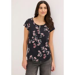 Blusenshirt bonprix, Damen, Gr. 40/42 (M), schwarz (schwarz, rosa gebl&uuml;mt), Jersey, Obermaterial: 95% Baumwolle, 5% Elasthan, bedruckt, gebl&uuml;mt, oversize h&uuml;ftbedeckend, Rundhals, Shirts Blusenshirt, Dezente Oversize Passform, mit kurzem Rei&szlig;verschluss