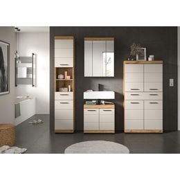 Badm&ouml;bel-Set Welltime "SIENA, 4 teilig, bestehend aus:", evoke oak nachbildung, kaschmir matt, B:186cm H:191cm T:34cm, Holzwerkstoff, MDF, Kastenm&ouml;bel-Sets, Badm&ouml;bel-Set, Hochschrank, Waschbeckenunterschrank, Spiegelschrank, Midischrank