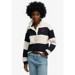 Langarm-Poloshirt Superdry "HERITAGE STRIPE RUGBY TOP", Damen, Gr. XS, schwarz-wei&szlig; (navy, ecru), Single Jersey, Obermaterial: 100% Baumwolle, gestreift, oversize normal, Rundhals, Shirts, Oversize-Passform, aus Baumwolle und Single Jersey, mit Polokragen