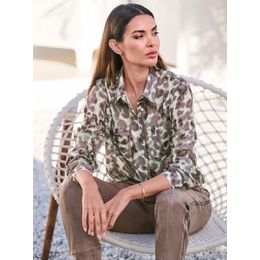 Langarmbluse Heine, Damen, Gr. 46, gr&uuml;n (khaki, dunkeltaupe, bedruckt), 100% Polyester, bedruckt, gemustert, mehrfarbig, Blusen