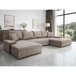 Wohnlandschaft WERK2 "Amalfi, B/T: 348/188 cm, in Cord mit Schlaffunktion & Bettkasten", beige, B:348cm H:95cm T:188cm, 90% Polyester, 10% Nylon, Sofas, Wohnlandschaft, modernes XXL Design, U-Form