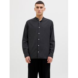Jack & Jones Langarmhemd JACK & JONES "JJEBREEZE BAND SHIRT LS SN", Herren, Gr. XS, N-Gr, schwarz, Web, Obermaterial: 70% Baumwolle, 30% Leinen, unifarben, slim fit taillenbedeckt, ohne Ausschnitt, Manschette, Hemden, mit Bandkragen